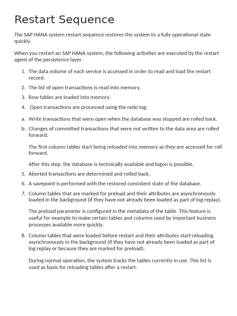 Restart Sequence of HANA | PDF