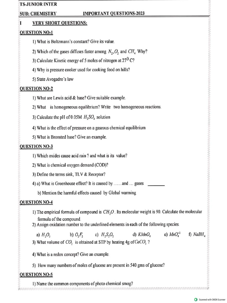 TS JR Chemistry Imp Questions | PDF