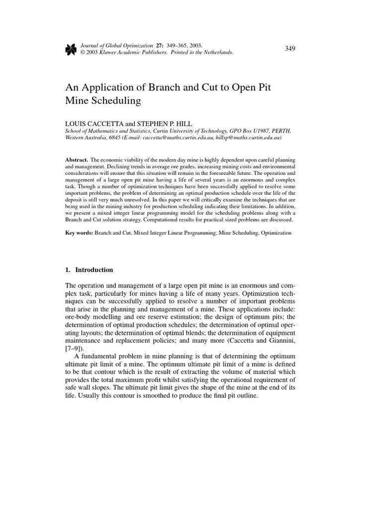 An Application Of Branch And Cut To Open Pit Mine Scheduling Pdf Mathematical Optimization