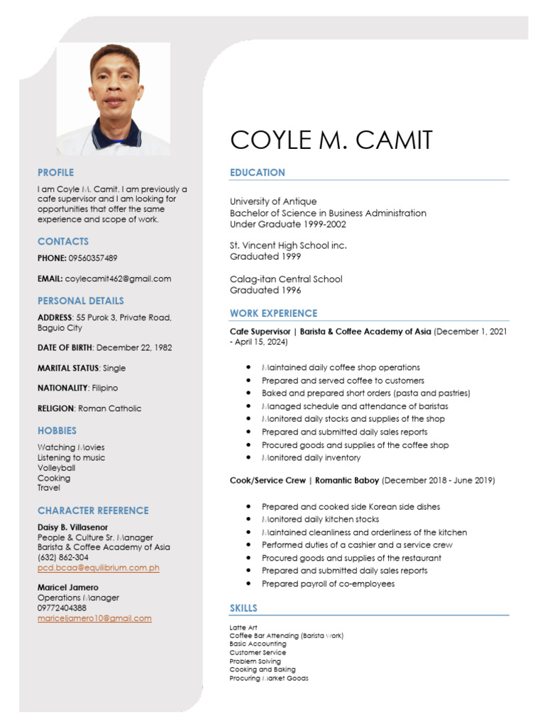 Cafe Supervisor Resume of Coyle Camit | PDF | Cuisine | Food And Drink ...