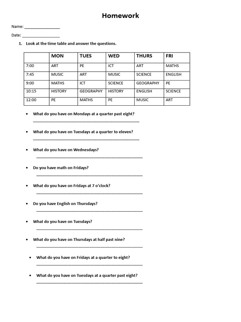 Weekly Homework Timetable Questions | PDF