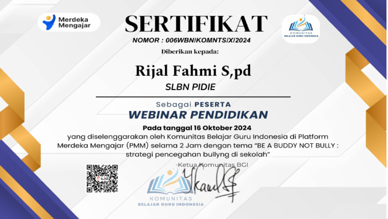 SERTIFIKAT Rijal Fahmi S, PD BE A BUDDY NOT BULLY | PDF