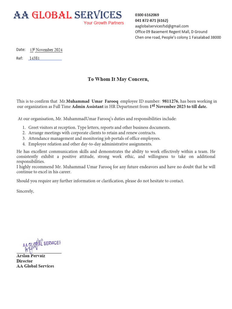 Experience Letter Umar Farooq | PDF