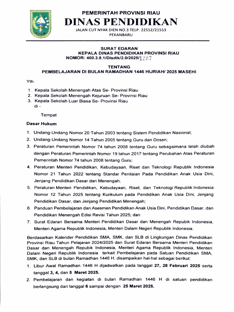 Surat Edaran Kepala Dinas Pendidikan Prov - Riau Tentang Pembelajaran Di Bulan Ramadhan 1446H ...