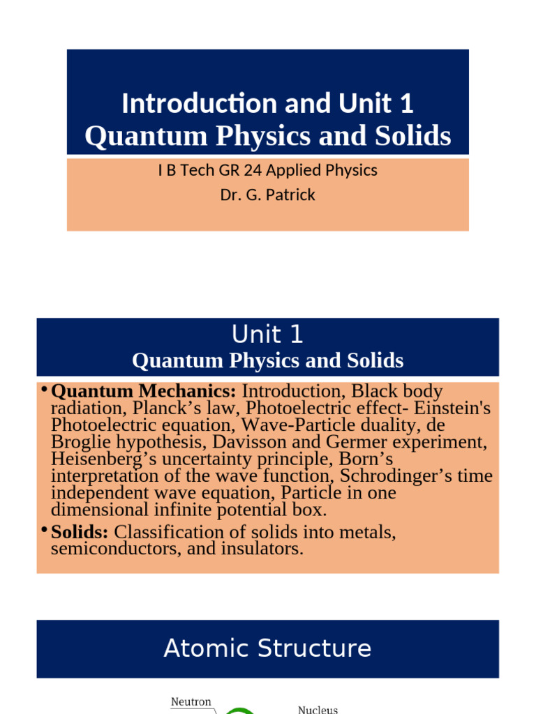 AP GR 24 Unit 1 Quantum Physics & Solids | PDF | Photoelectric Effect | Chemical Bond