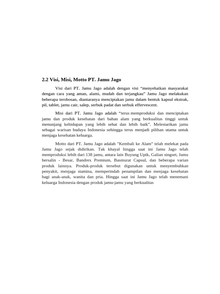 Visi dan Misi PT. Jamu Jago | PDF