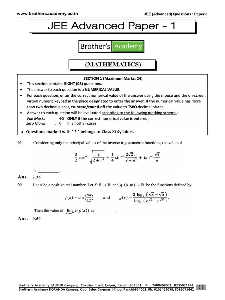 JEE (Adv) Questions Paper - 1 | PDF | Vocational Education | Academic ...