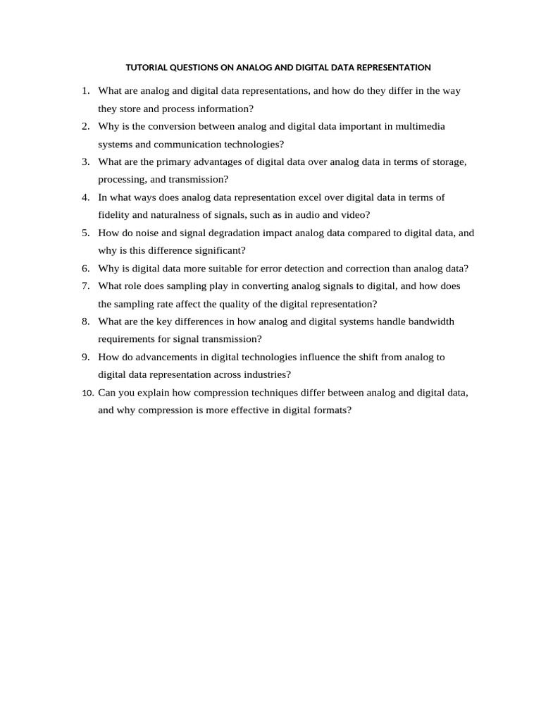 Tutorial Questions On Analog and Digital Data Representation | PDF