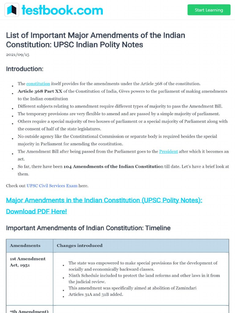 Amendments in Indian Constitution For Upsc | PDF