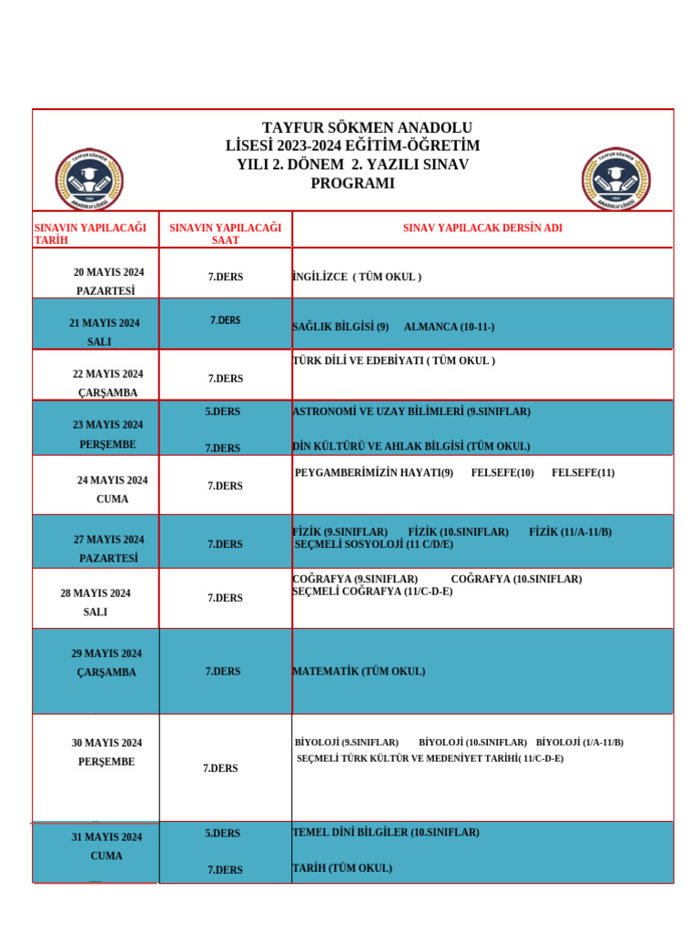 2023-2024 2.dönem 2.yazili Programi | PDF