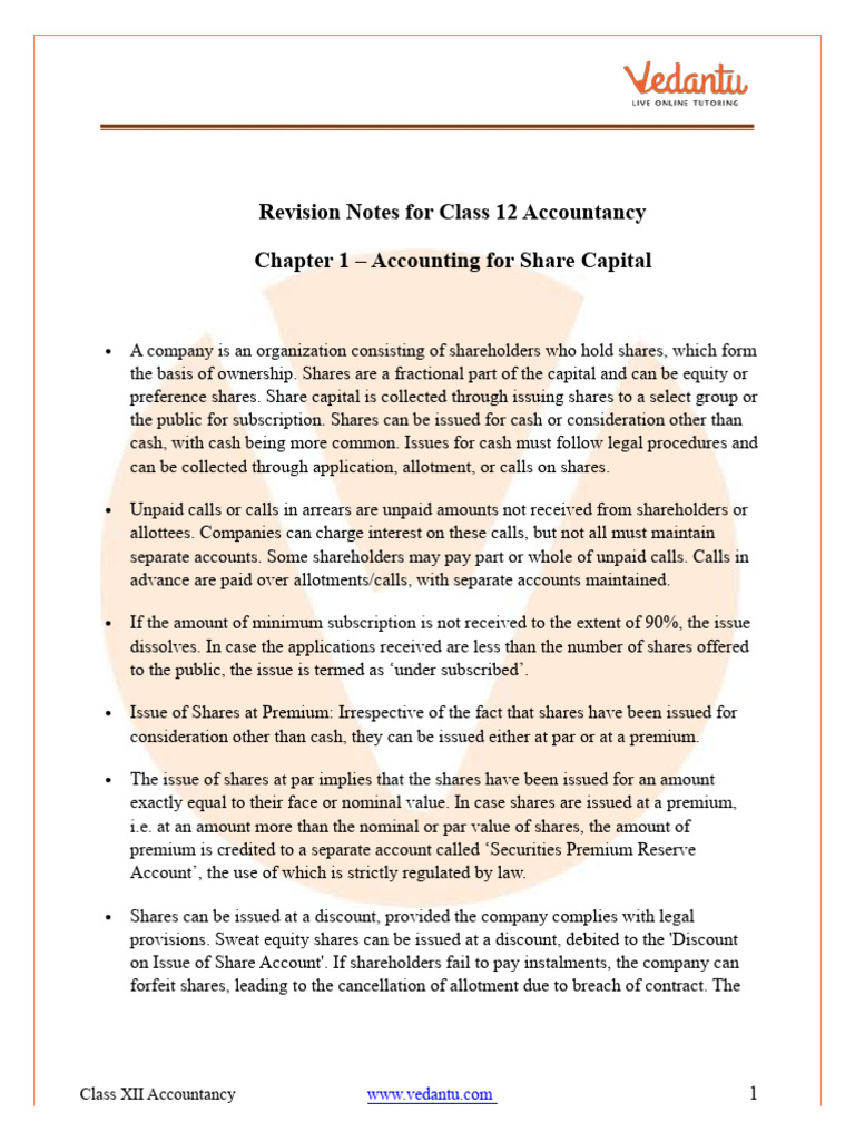 Accounting For Share Capital Class 12 Notes - Download FREE PDF | PDF ...