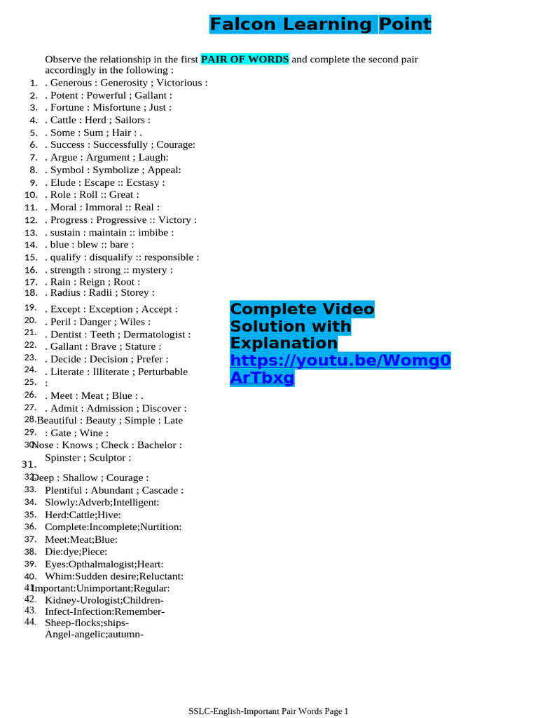 Pair Words Completion Exercise | PDF