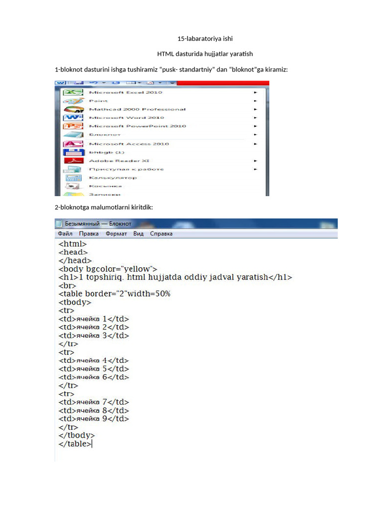 15-Labaratoriya Ishi HTML Dasturida Hujjatlar Yaratish 1-Bloknot Dasturini Ishga Tushiramiz ...