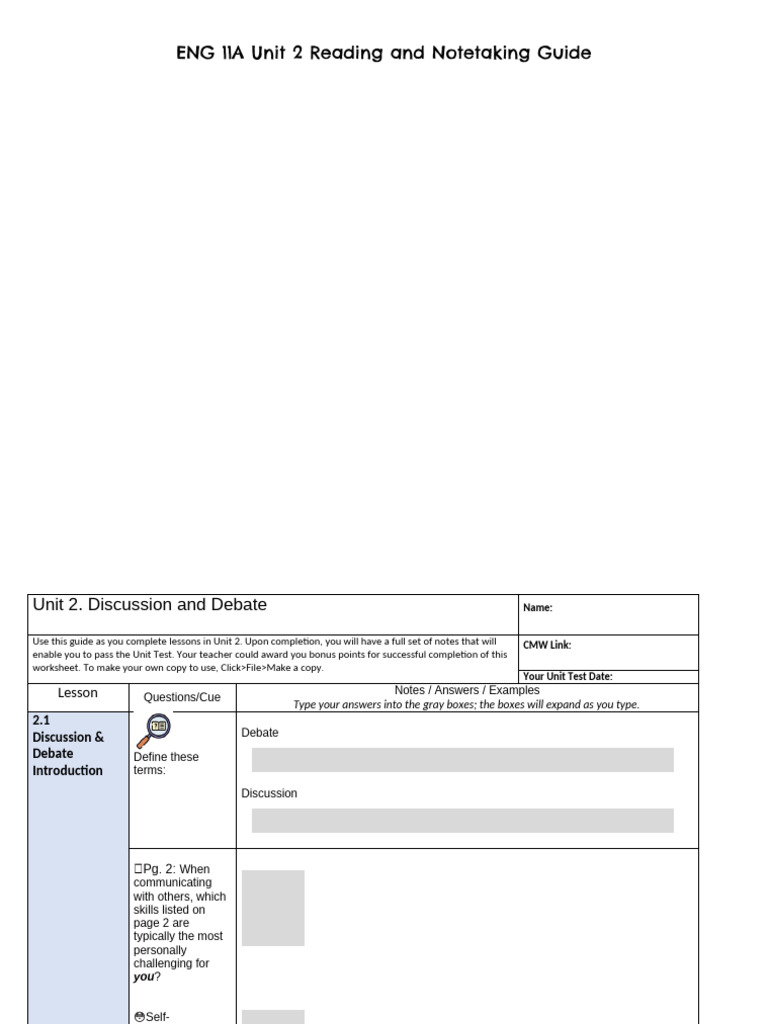 ENG 11A Unit 2 Reading and Note-Taking Guide | PDF