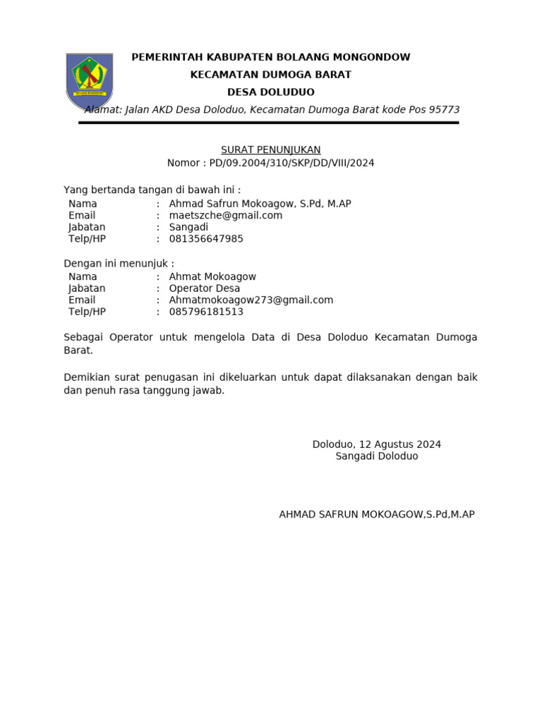 Surat Penunjukan Operator Desa | PDF