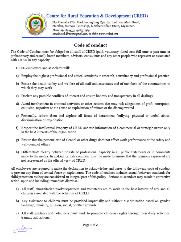 CRED Code of Conduct for Staff and Volunteers | PDF | Injustice | Human ...