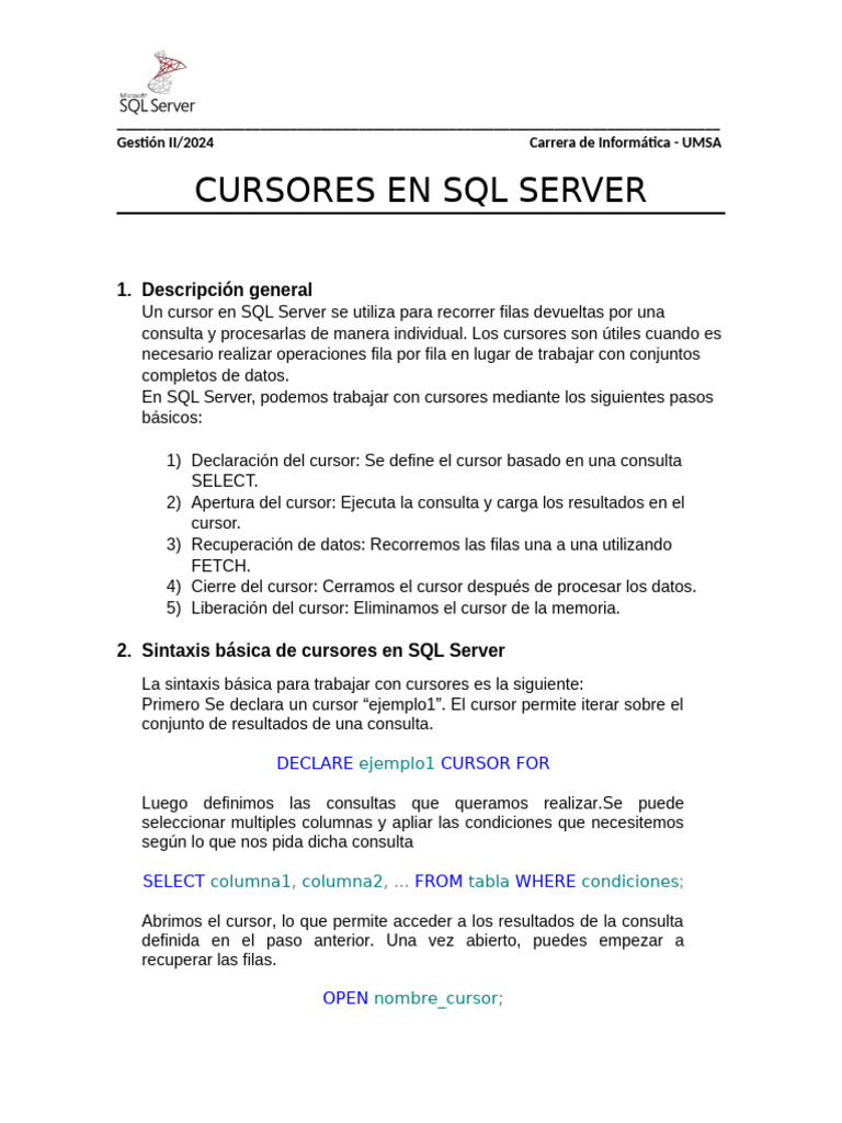 Ficha de Cursores en SQL Server | PDF | SQL | Pl / Sql