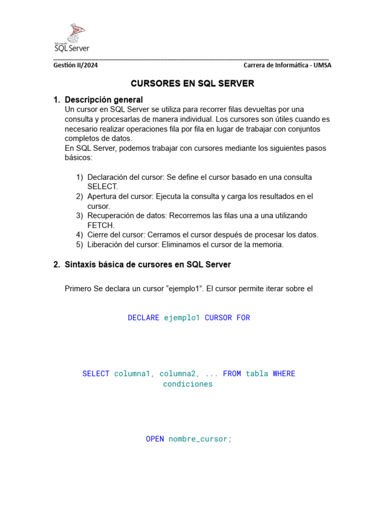 Ficha de Cursores en SQL Server | PDF | SQL | Pl / Sql