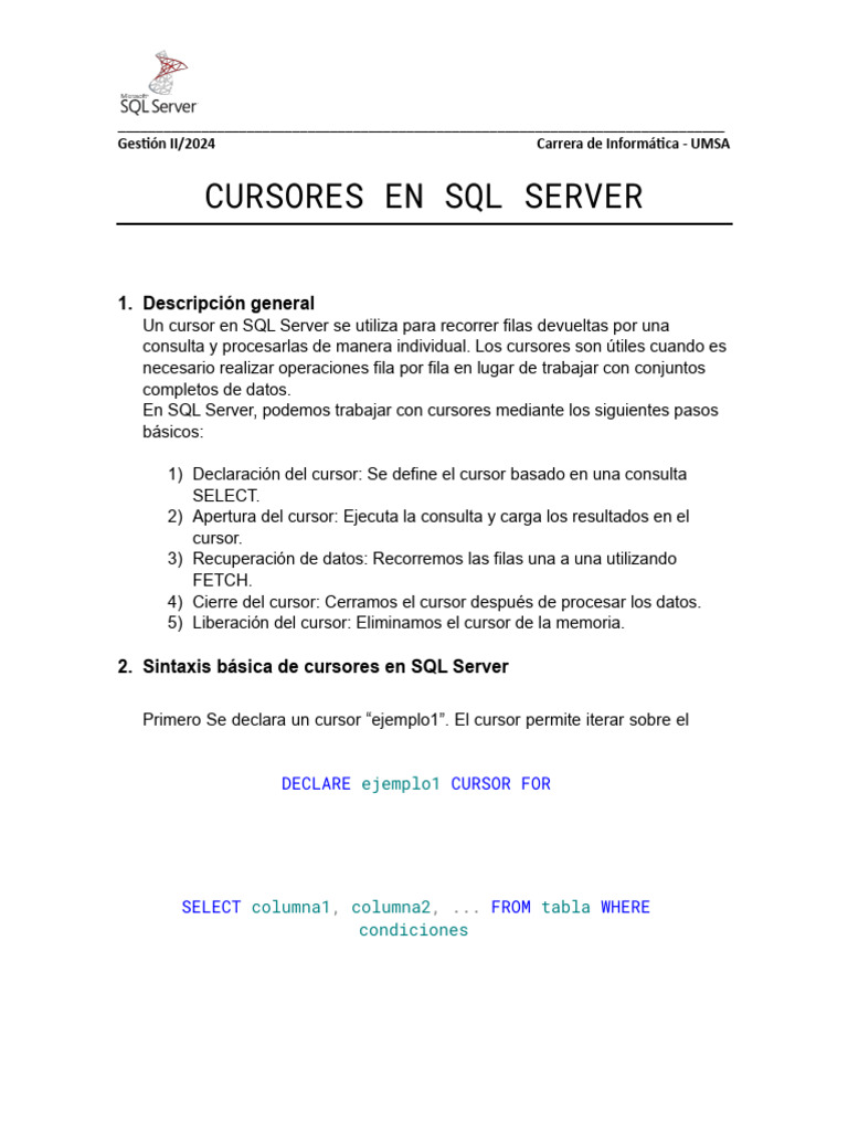 Ficha de Cursores en SQL - Server | PDF | SQL | Pl / Sql