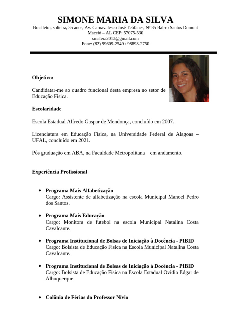 Currículo de Simone Maria da Silva | PDF | Educação Física | Pedagogia