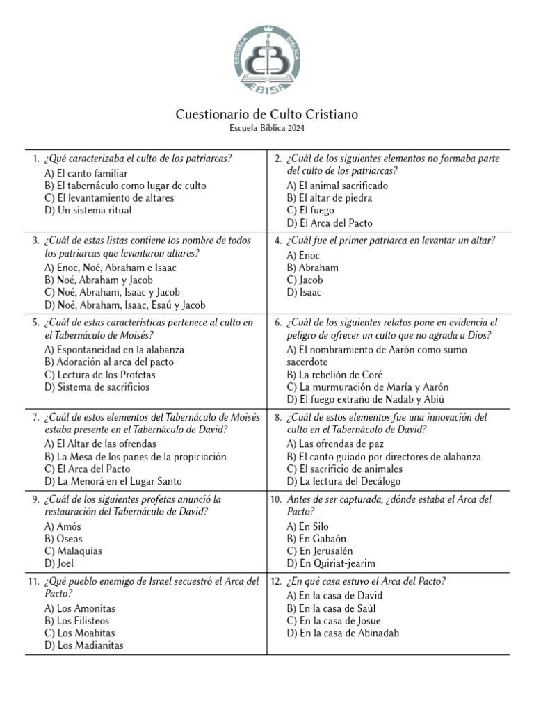 Cuestionario de Culto Cristiano - Ebisa 2024 | PDF | Templo en jerusalén | eucaristía