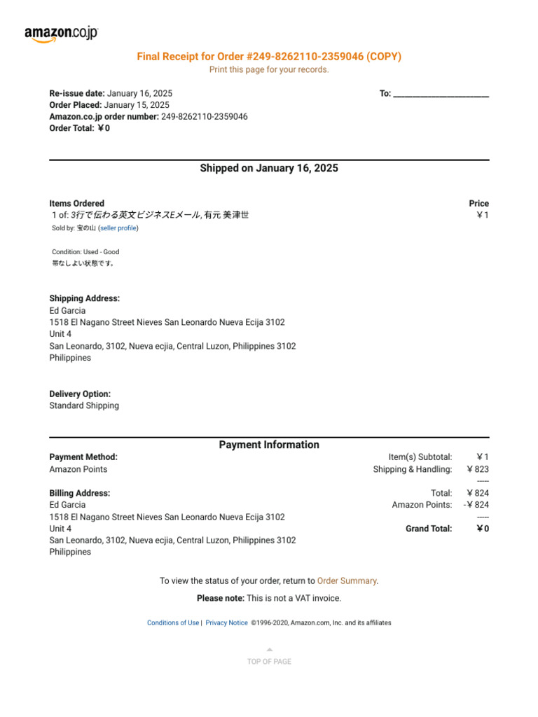 Amazon Order Receipt #249-8262110 | PDF | Receipt