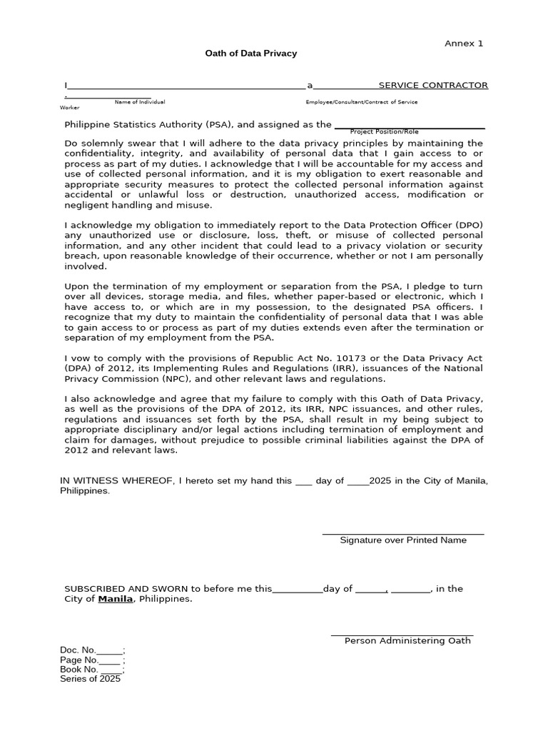 Data Privacy Oath for PSA Contractors | PDF | Privacy | Information Privacy