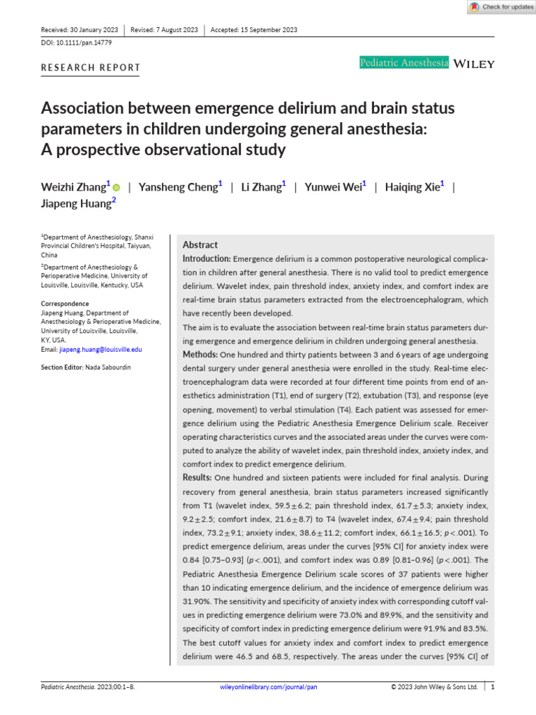 Association Between Emergence Delirium and Brain Status Parameters in ...