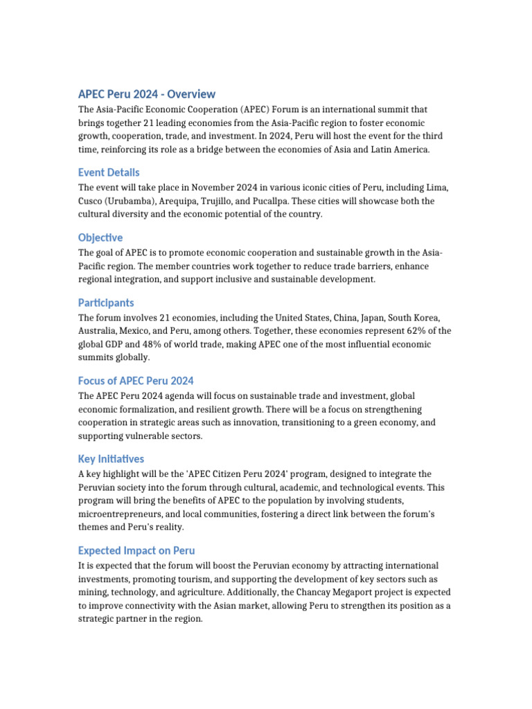 APEC Peru 2024: Economic Summit Overview | PDF