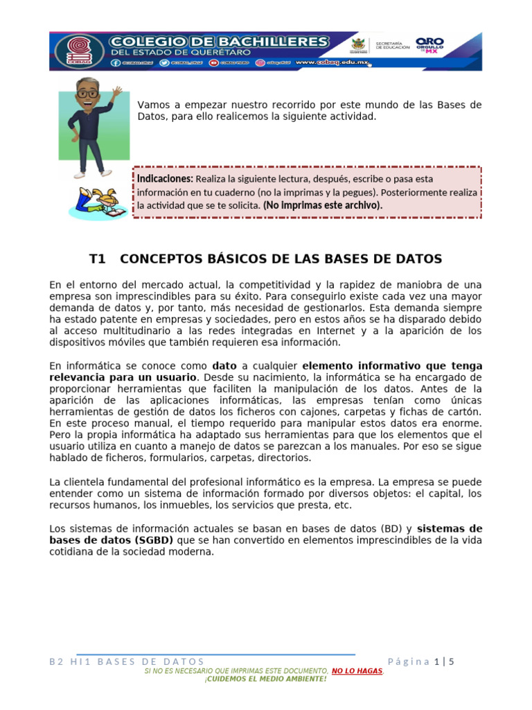 04 B2 T1 CONCEPTOS BASICOS DE LAS BASES DE DATOS Actividad 3 | PDF | Bases de datos | Archivo de ...