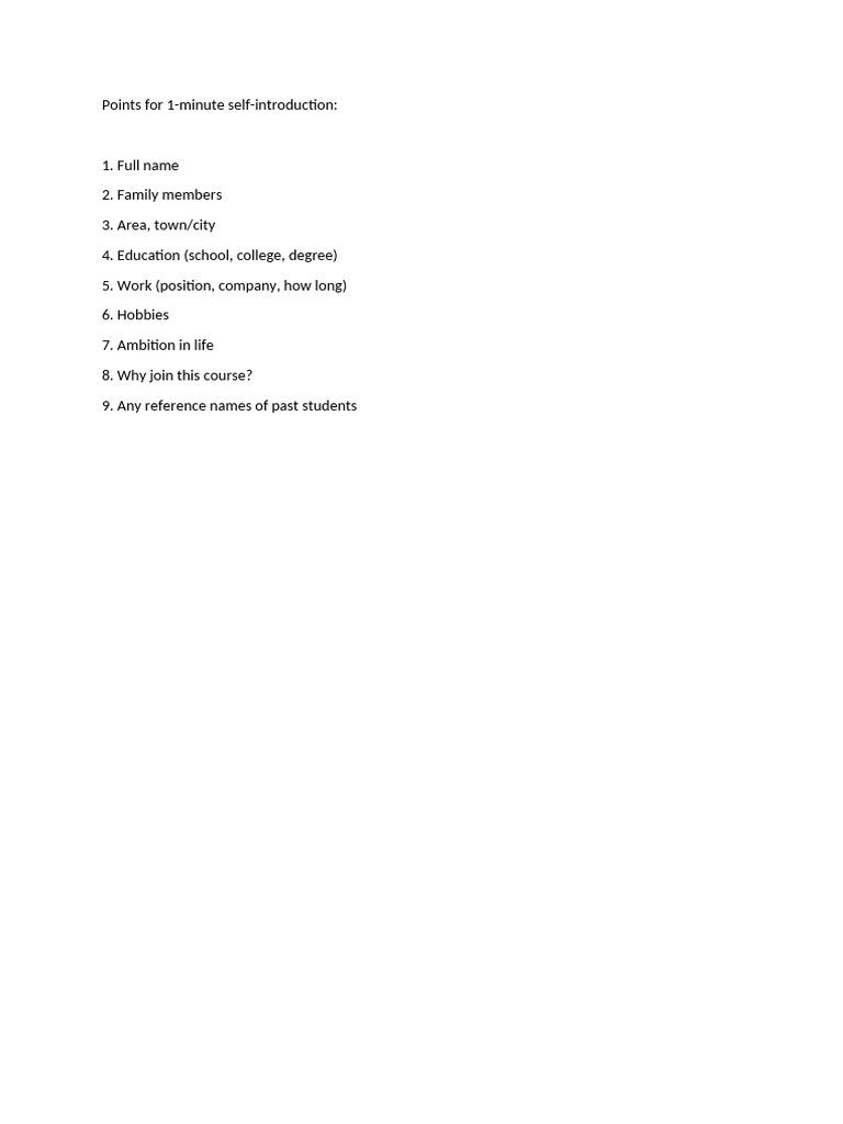 Self Introduction, 1 Minute Points | PDF