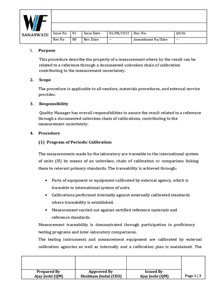 6.5 - QP-06 Procedure For Metrological Traceability | PDF | Calibration ...