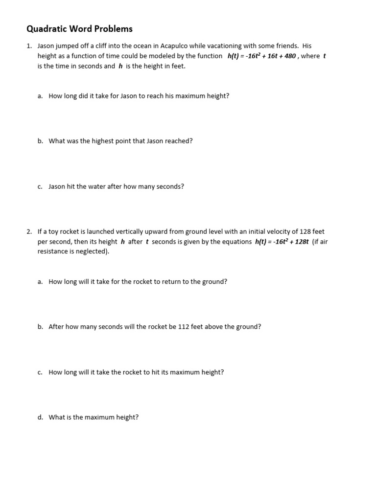 Quadratic Word Problems Finalpdf-1 | PDF