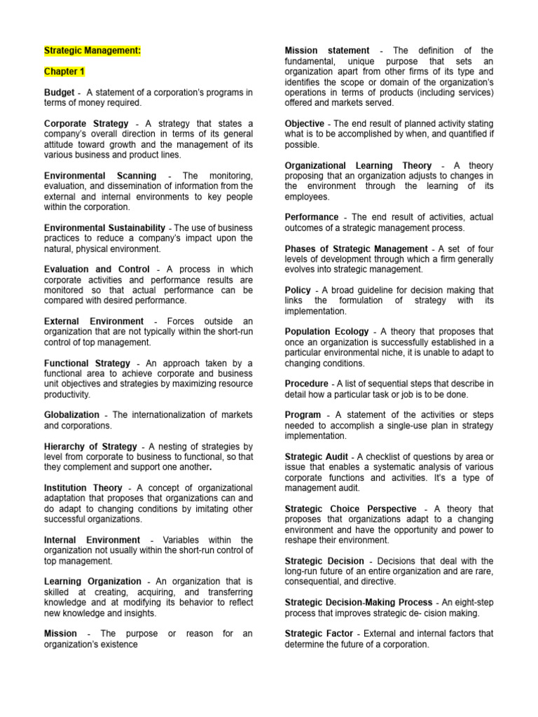 StratMa Terms Chapter 1 7 | PDF | Strategic Management | Marketing