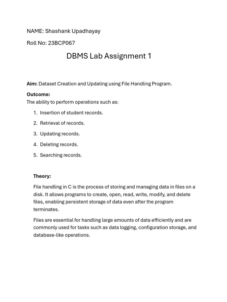 DBMS Assignment 1 23BCP067 | PDF | Computer File | Computer Programming