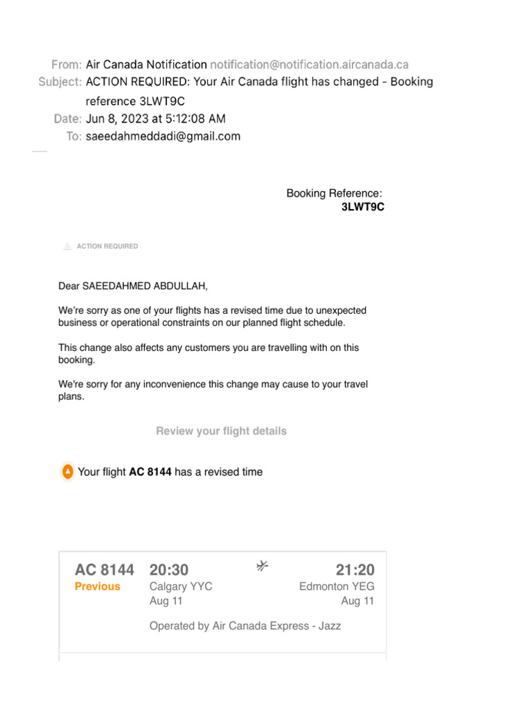 ACTION REQUIRED Your Air Canada Flight Has Changed - Booking Reference ...