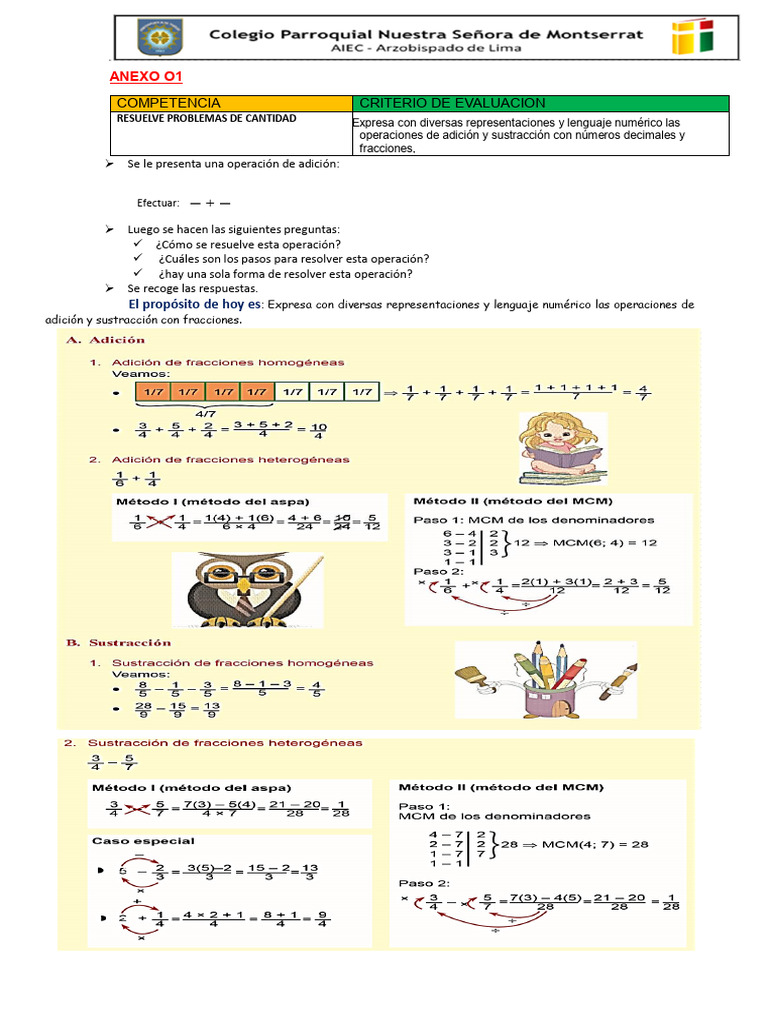 Anexo de Suma y Resta de Fracciones 5to Grado . | PDF
