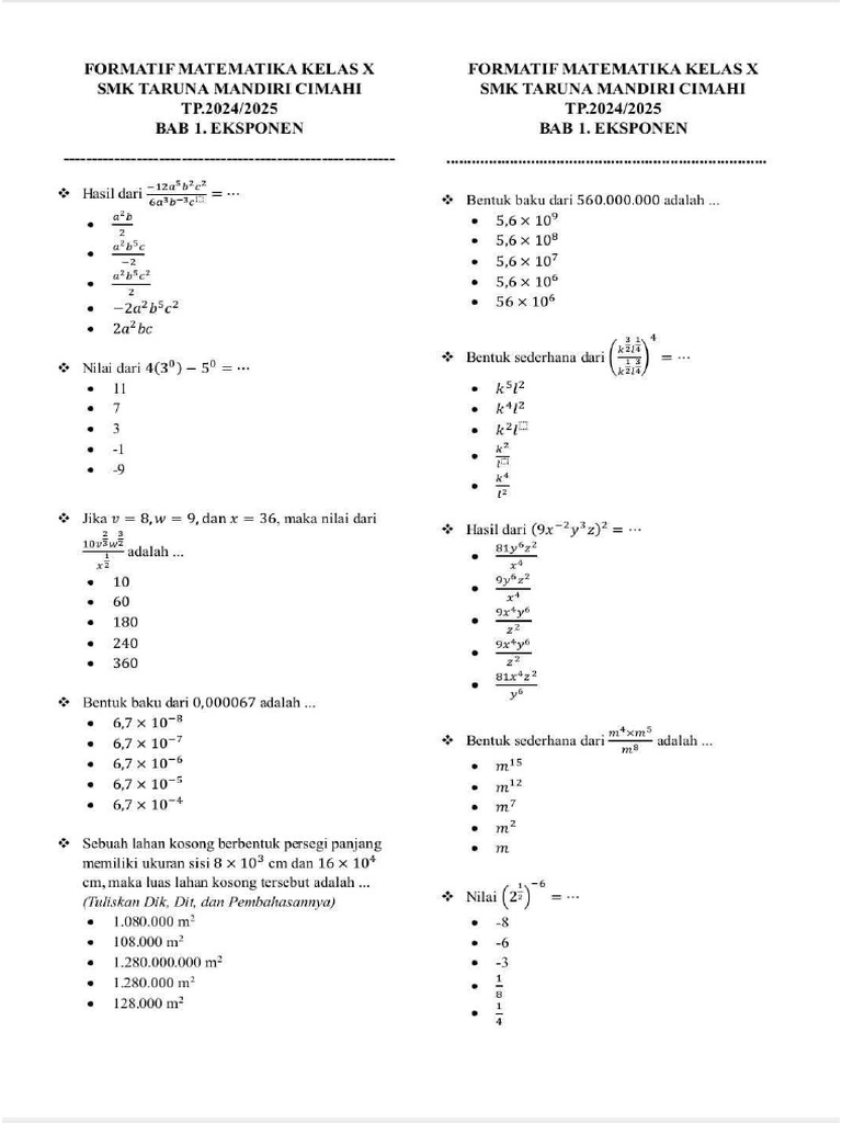 Kisi-Kisi Asts Matematika Kelas X | PDF