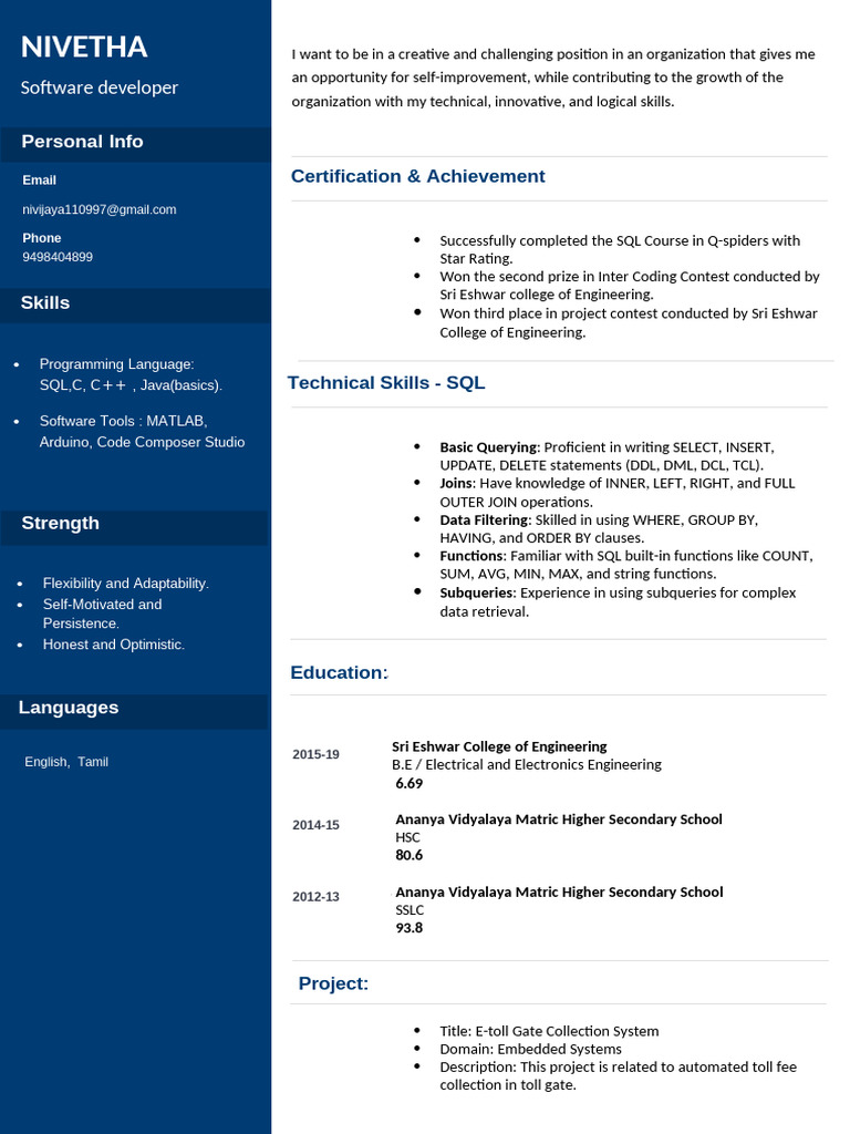 Nivi Resume V2.0 | PDF | Sql | Data Management Software