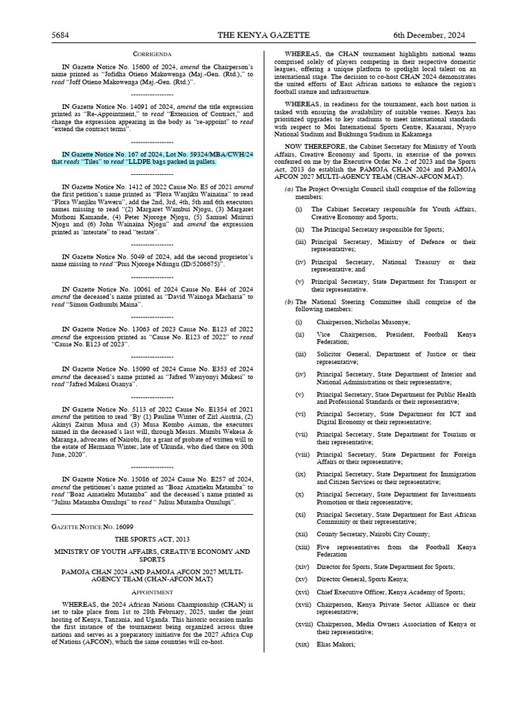 Corrigendum To Gazette Notice No.167 of 2024 Correcting Description of ...