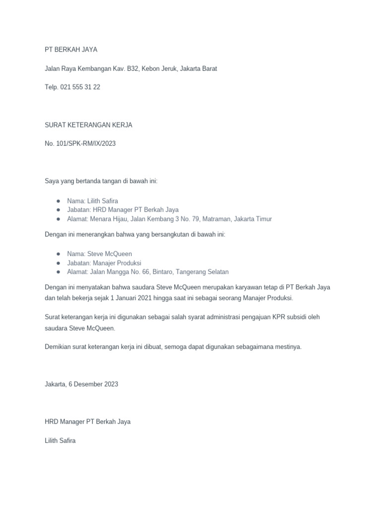 Contoh Surat Keterangan Kerja KPR Format Word | PDF