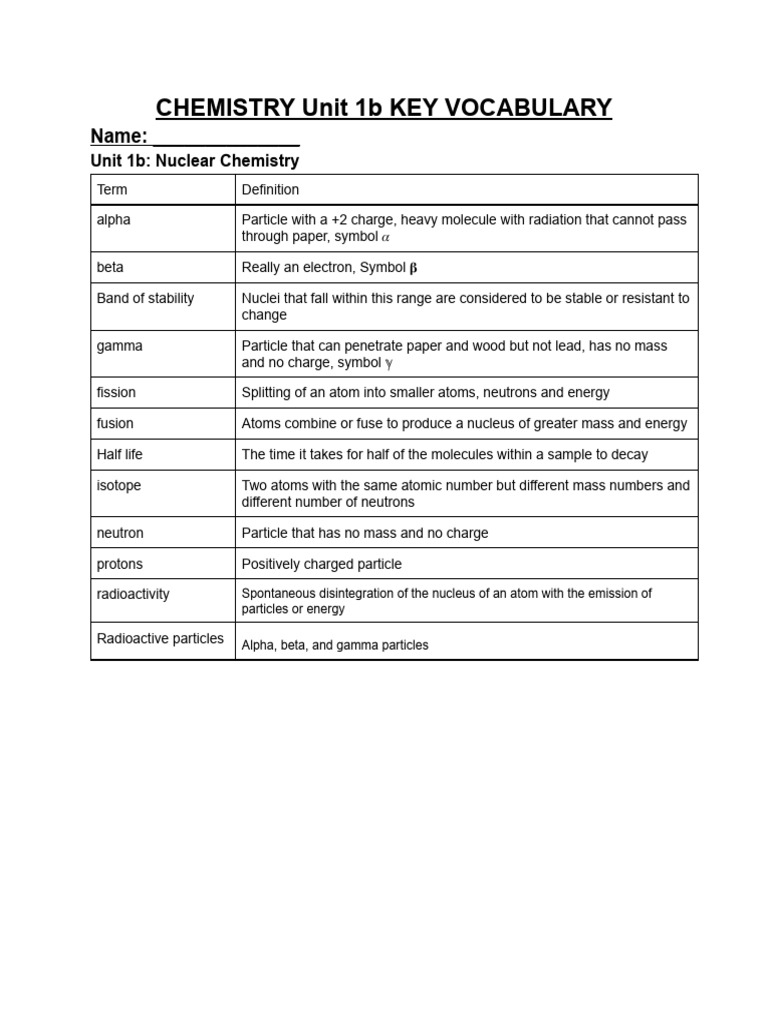 Unit 1b Nuclear Chemistry Vocabulary Key | PDF