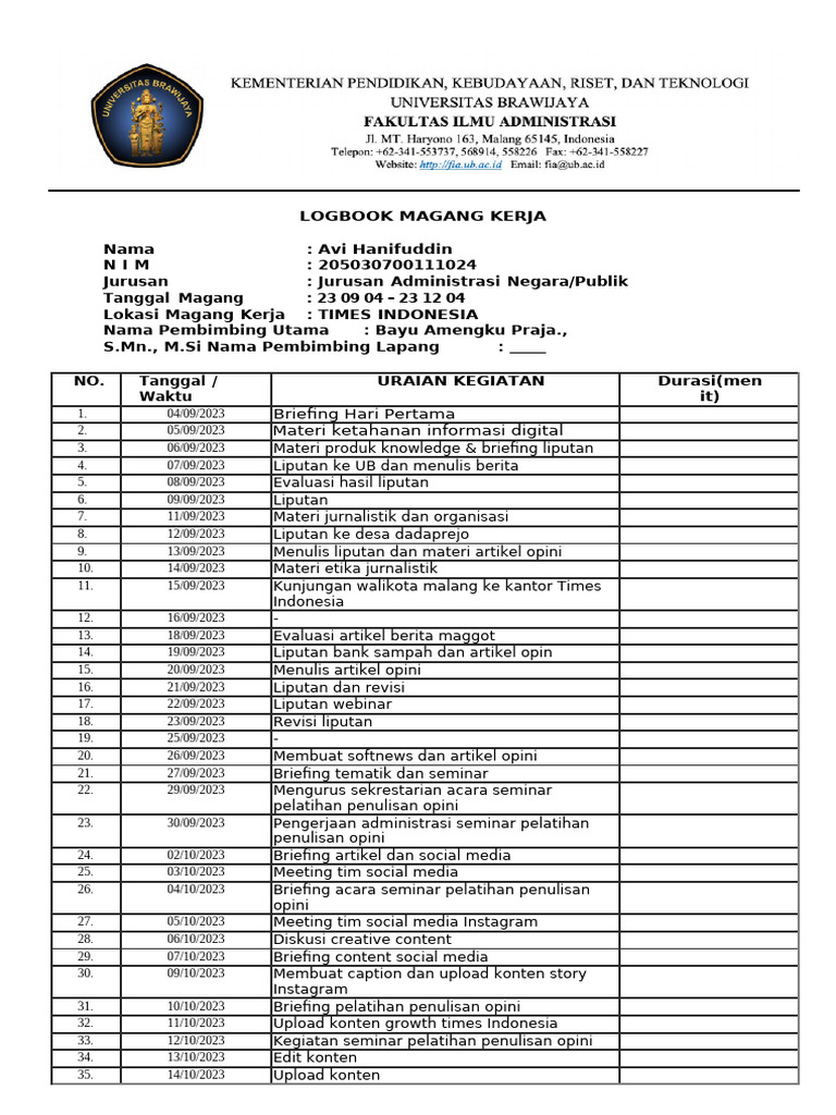 Logbook Magang | PDF