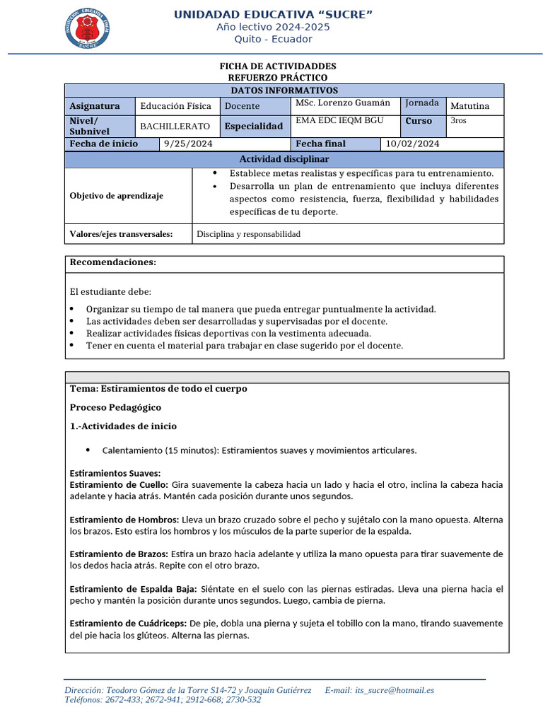 Ficha de Actividades EEFF 3ros de Bachillerato | PDF | Flexibilidad (anatomía) | Codo
