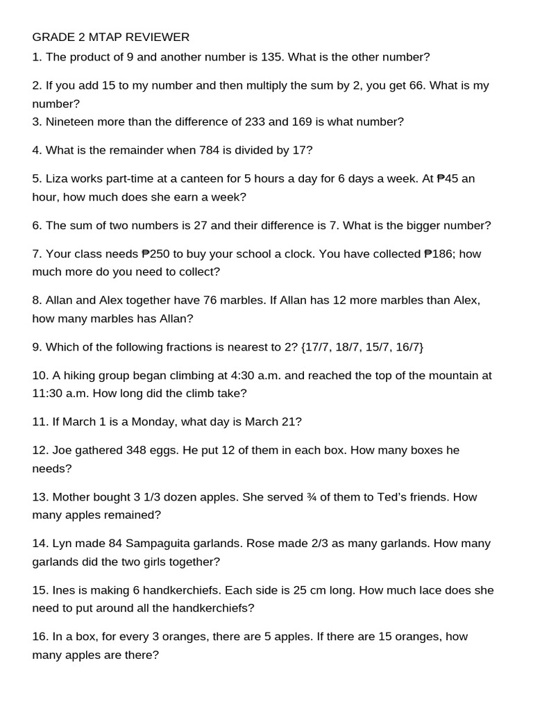 Grade 2 MTAP Reviewer with Answers | PDF | Edible Fruits | Fruit