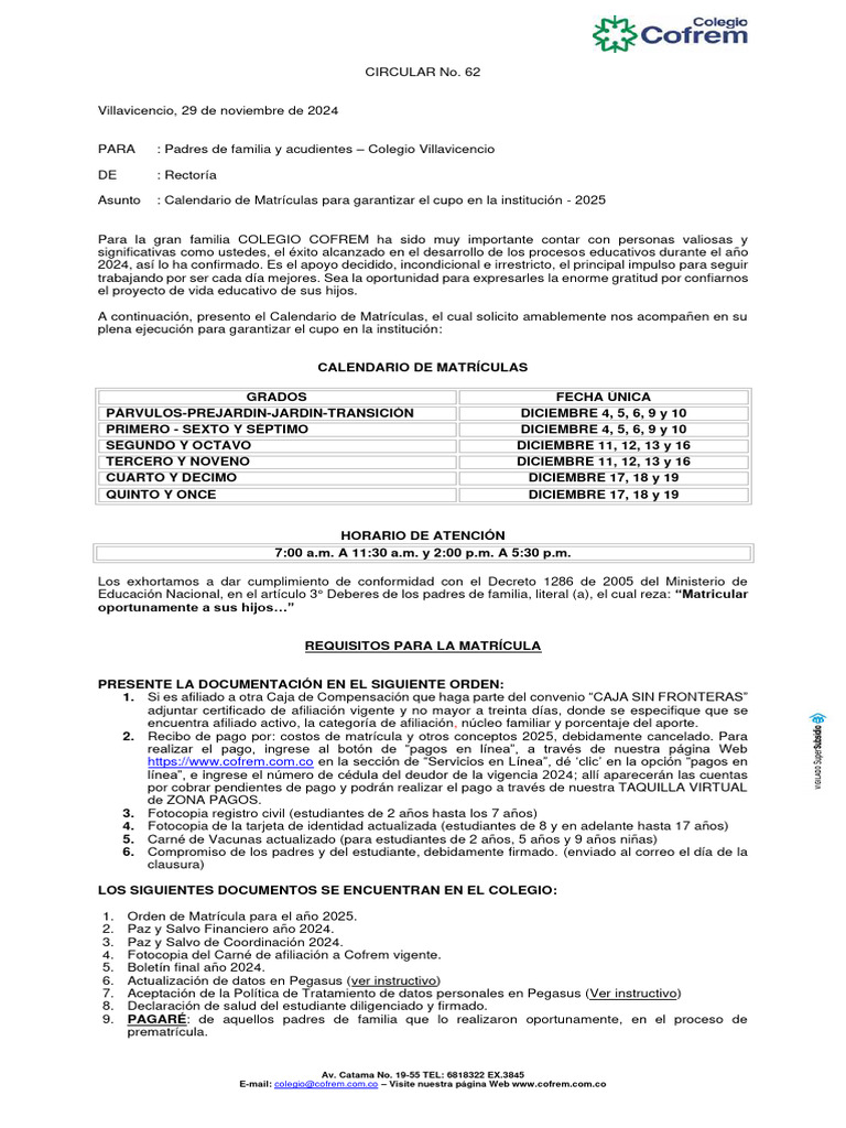 Circular 62 Calendario de Matriculas para 2025 | PDF | Pensión