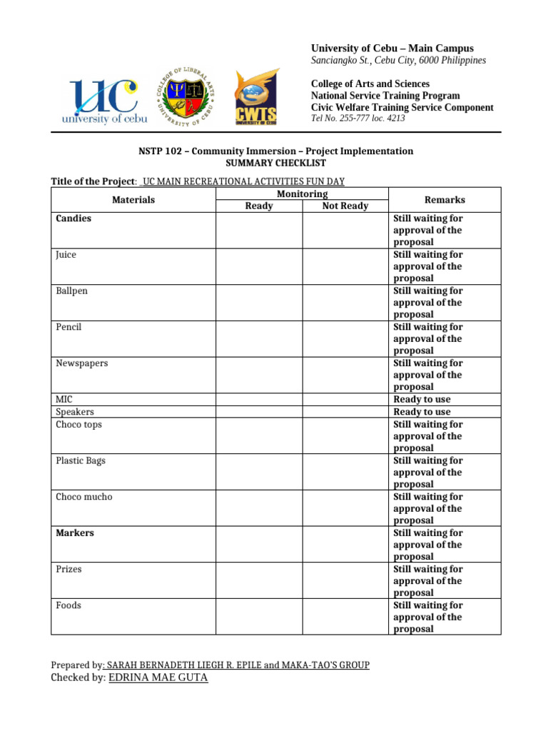 NSTP Summary Checklist Template | PDF