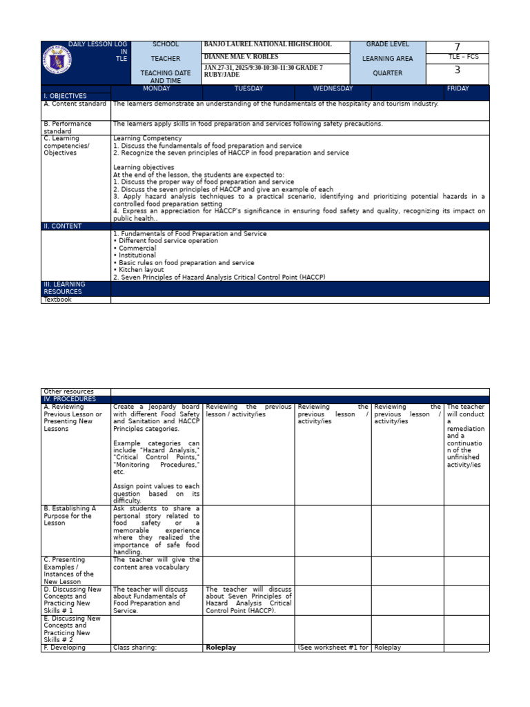 DLL in Tle FCS 7 Q1 Week 4 | PDF | Hazard Analysis And Critical Control Points | Food Safety