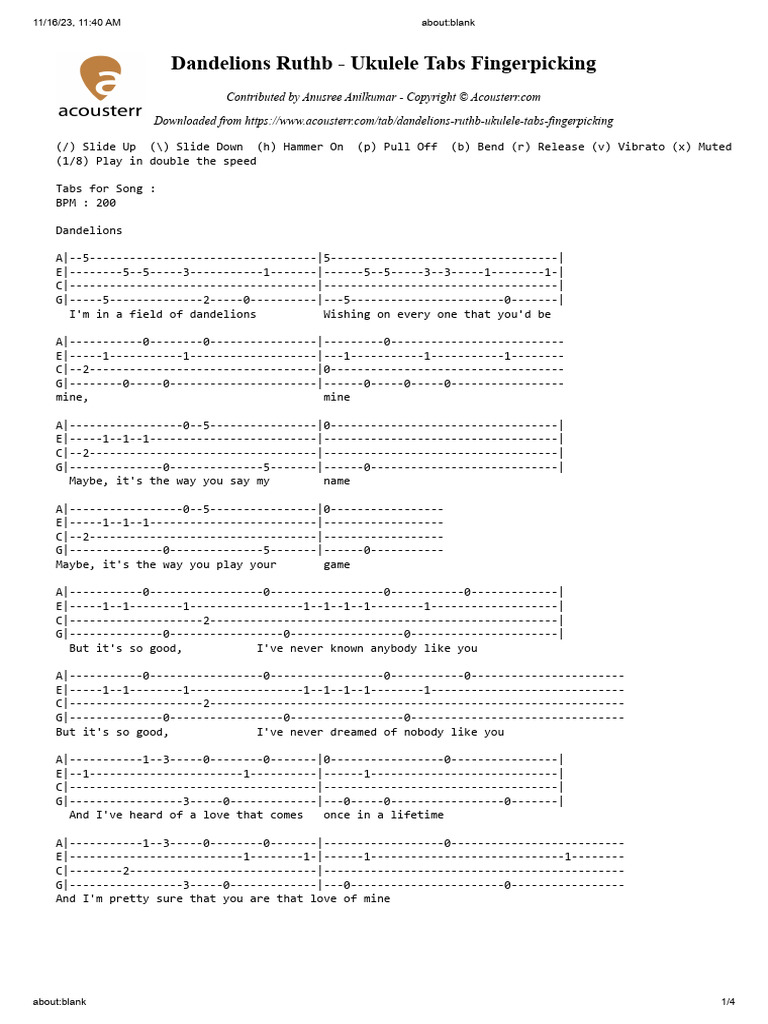 Dandelions Ukulele Music Notes/Tabs | PDF