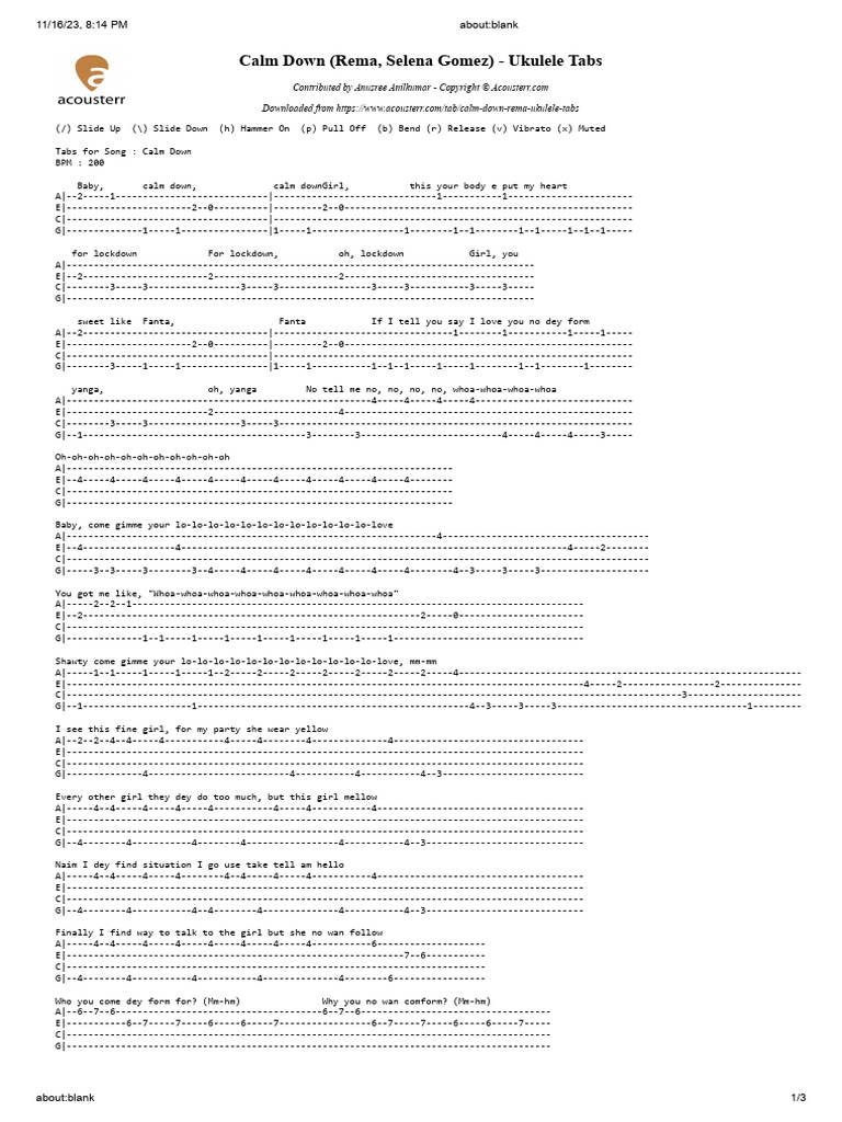 Calm Down Ukulele Music Notes/Tabs | PDF
